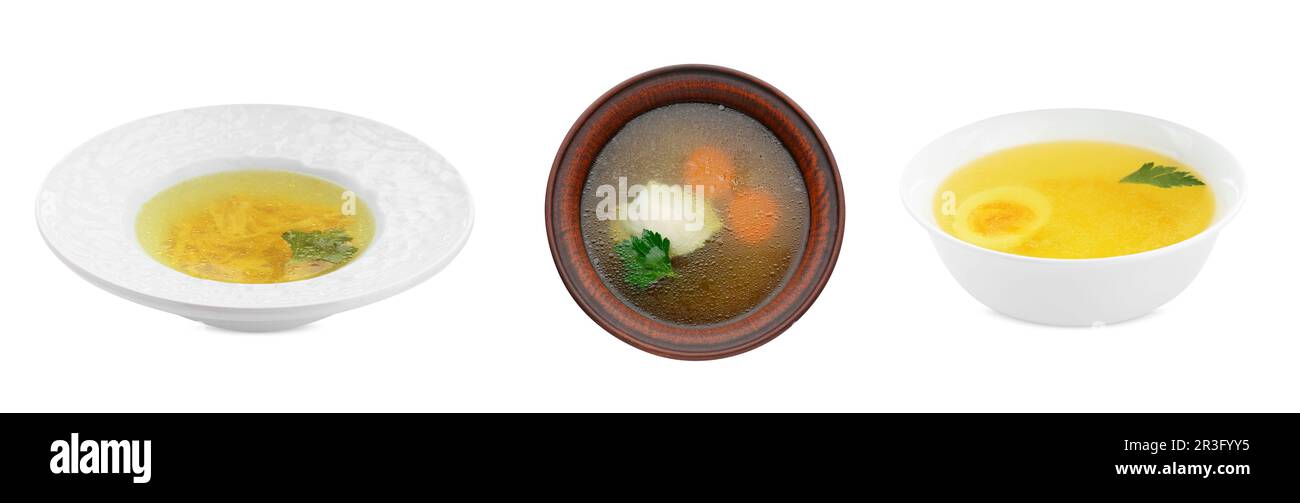 Dishes with tasty bouillon on white background, banner design Stock ...