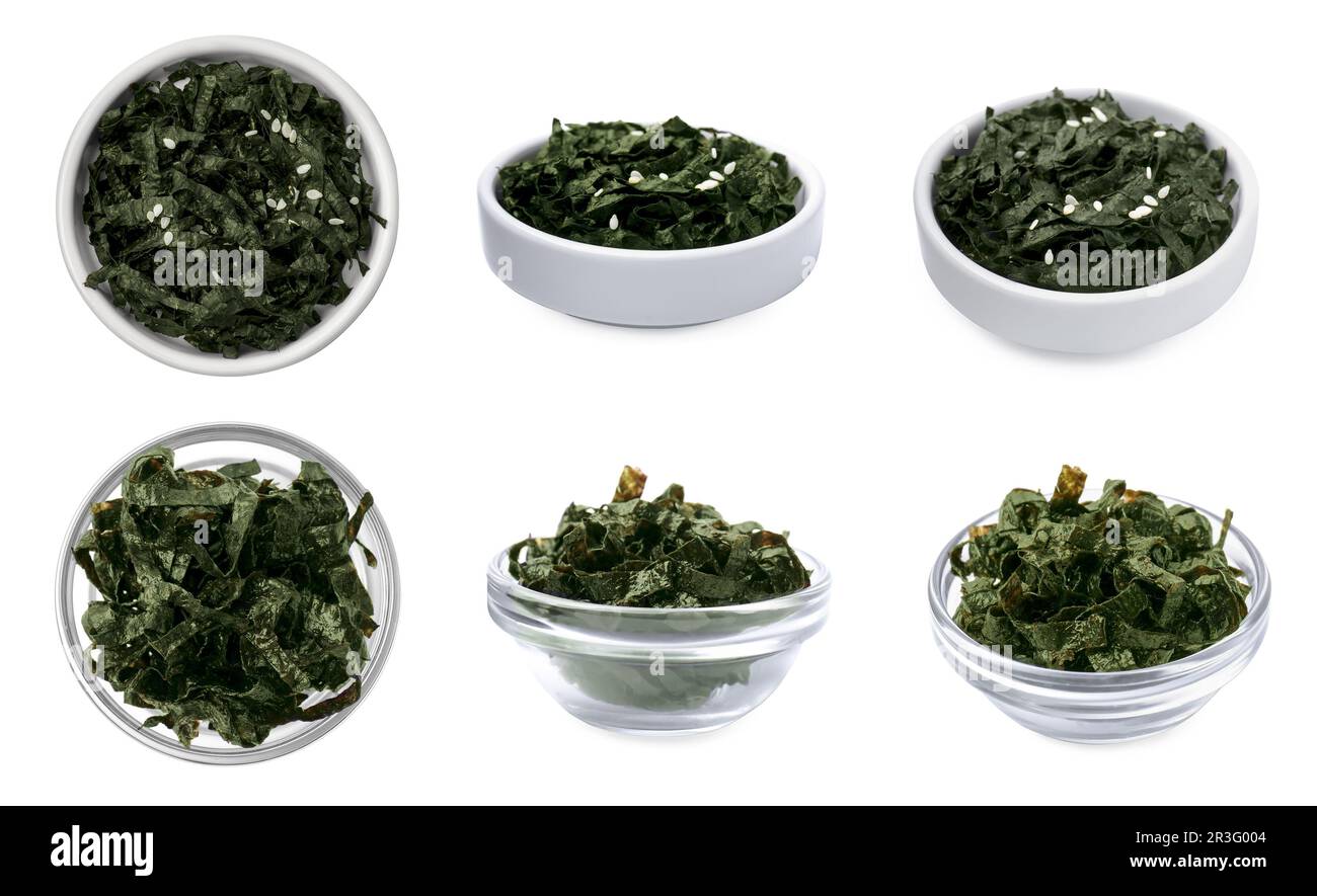 Set with tasty chopped crispy nori sheets on white background Stock ...