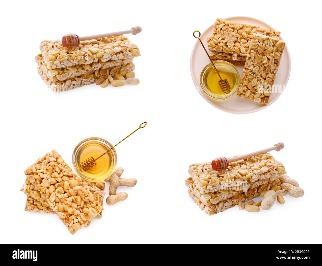 Collage with tasty peanuts bars (kozinaki) on white background Stock ...