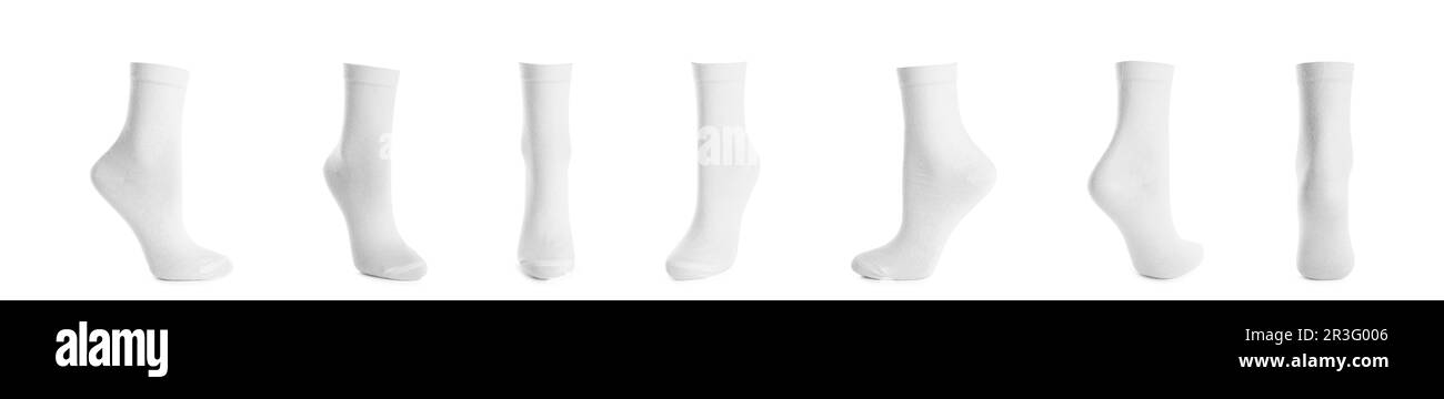 Set with socks on white background. Banner design Stock Photo - Alamy