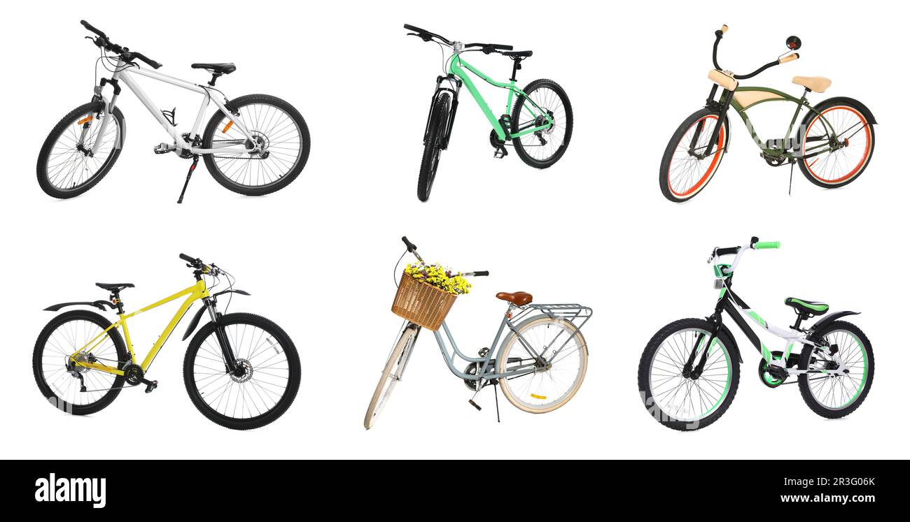 Collage with different bicycles on white background. Banner design ...