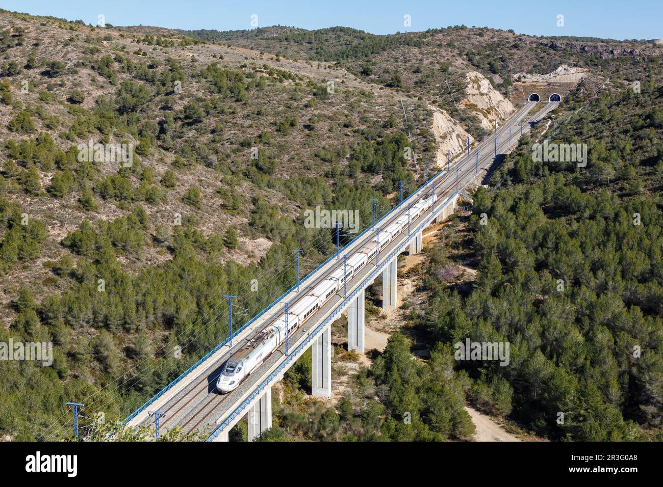 Talgo 250 high-speed train of RENFE on the Madrid - Barcelona line near ...
