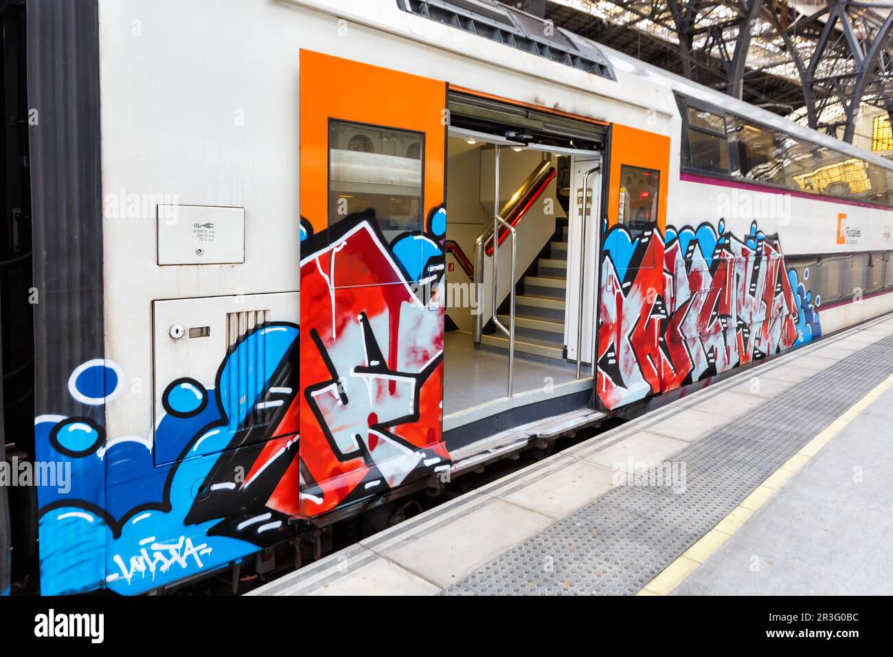 Graffiti on a train in Franca railroad station in Barcelona, Spain ...