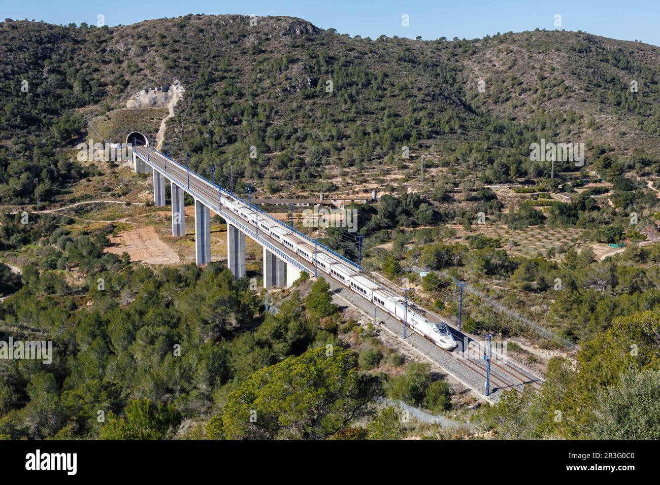 Talgo 250 high-speed train of RENFE on the Madrid - Barcelona line near ...