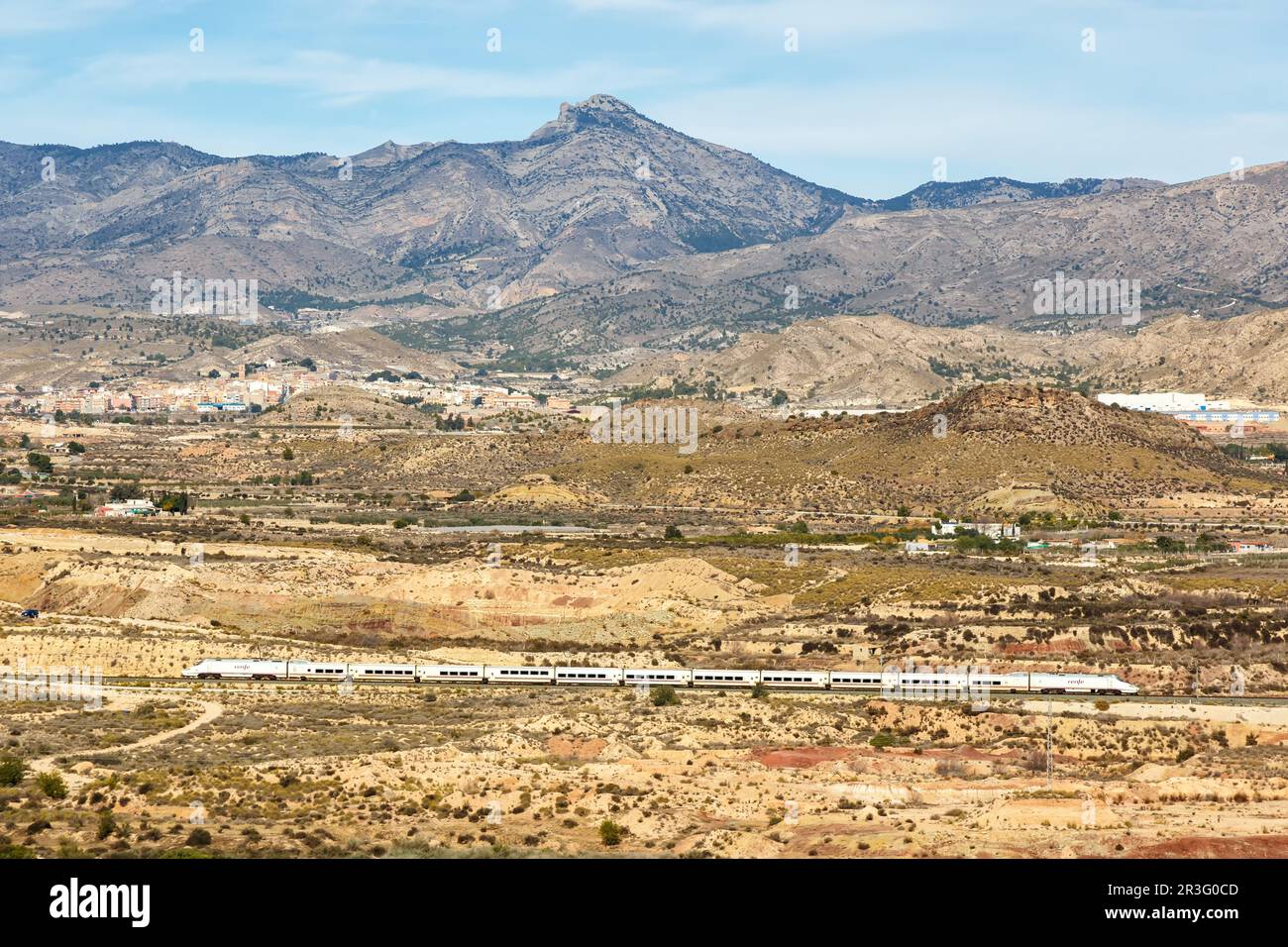 Talgo 250 high-speed train of RENFE AVE in the Sierra del Cid near ...