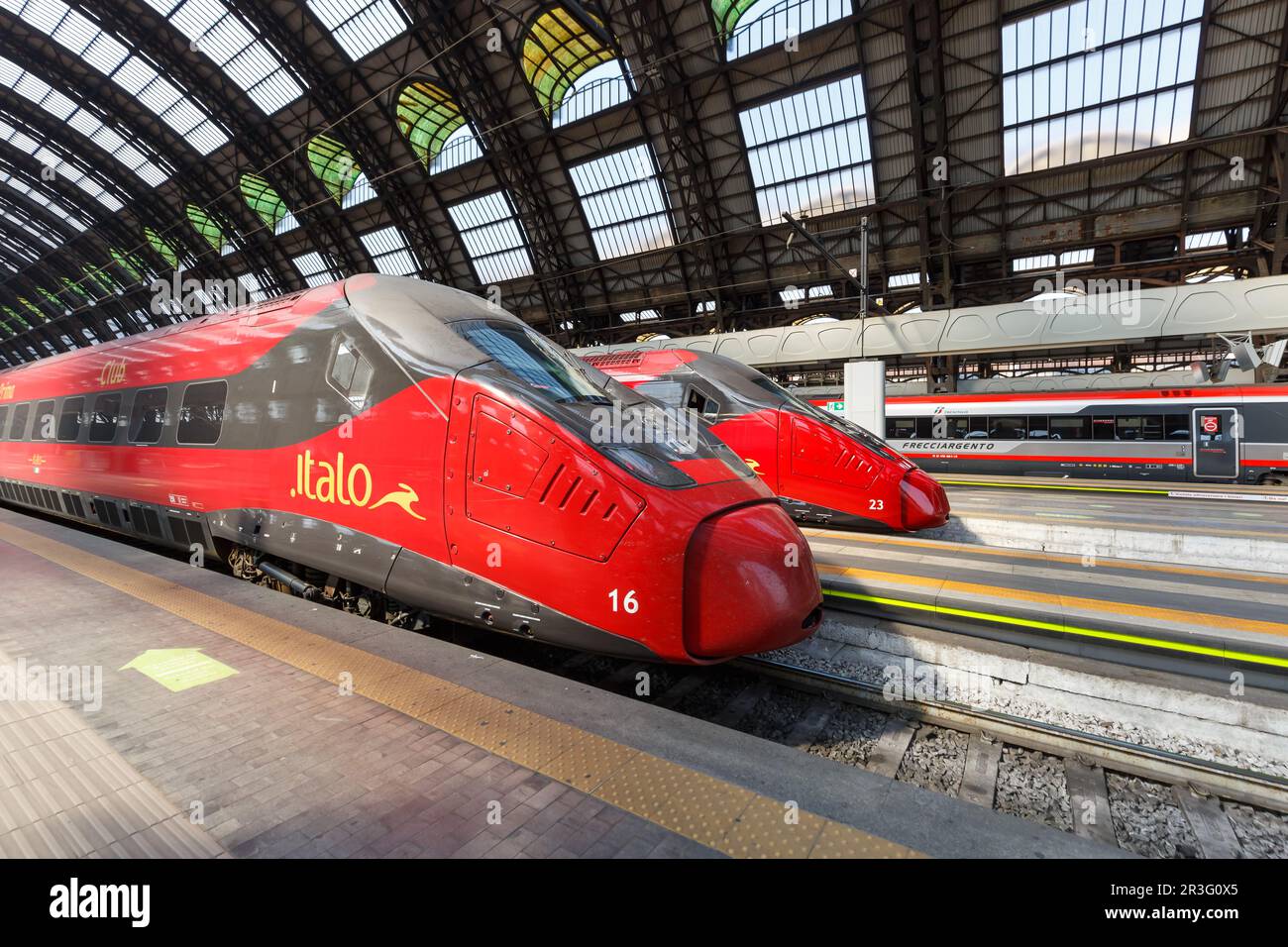 Italo ETR 675 Pendolino high speed trains of Nuovo Trasporto Viaggiatori NTV at Milano Centrale ...