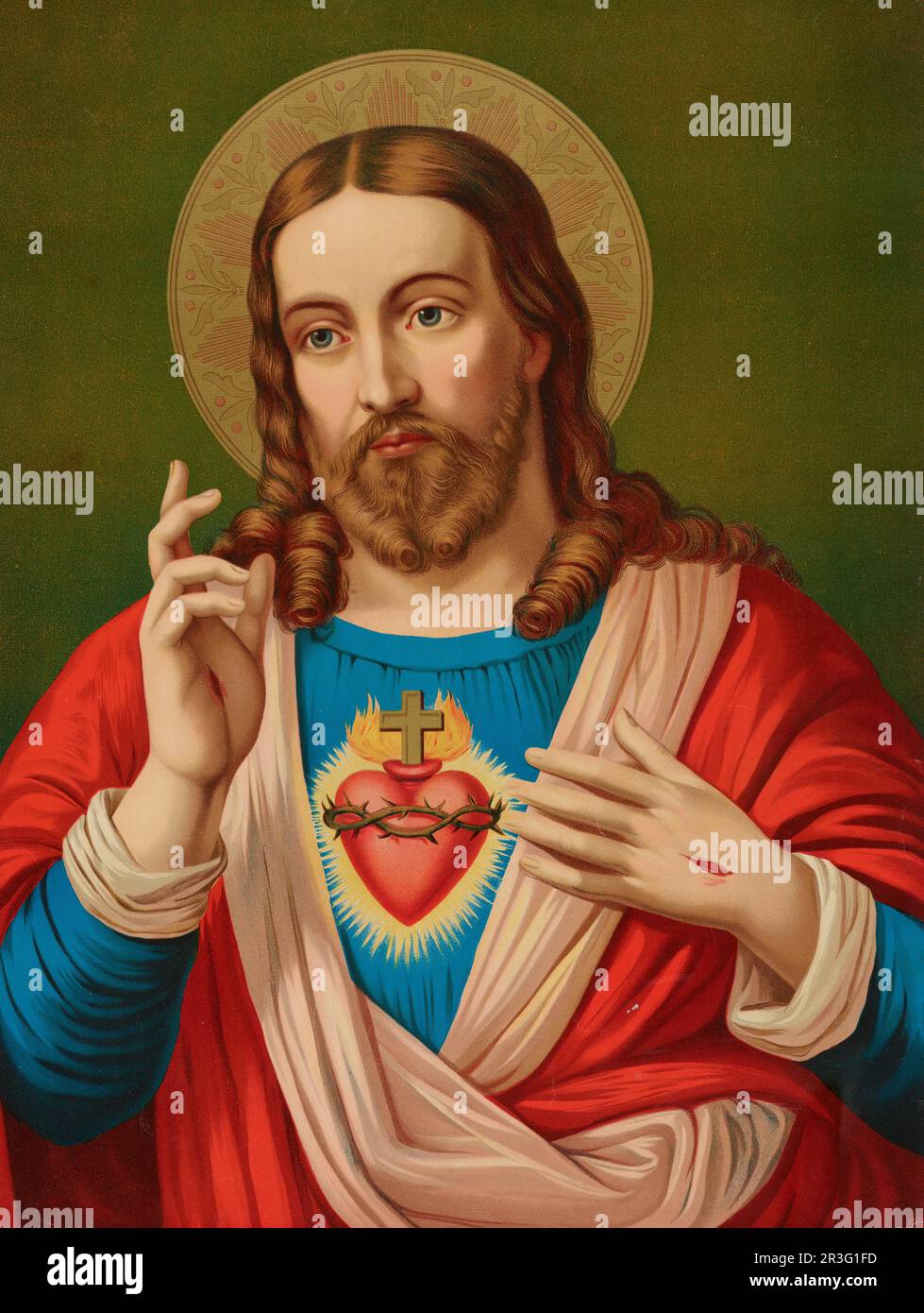 half-length portrait of Jesus Christ with halo, and nail wound visible on left hand Stock Photo ...
