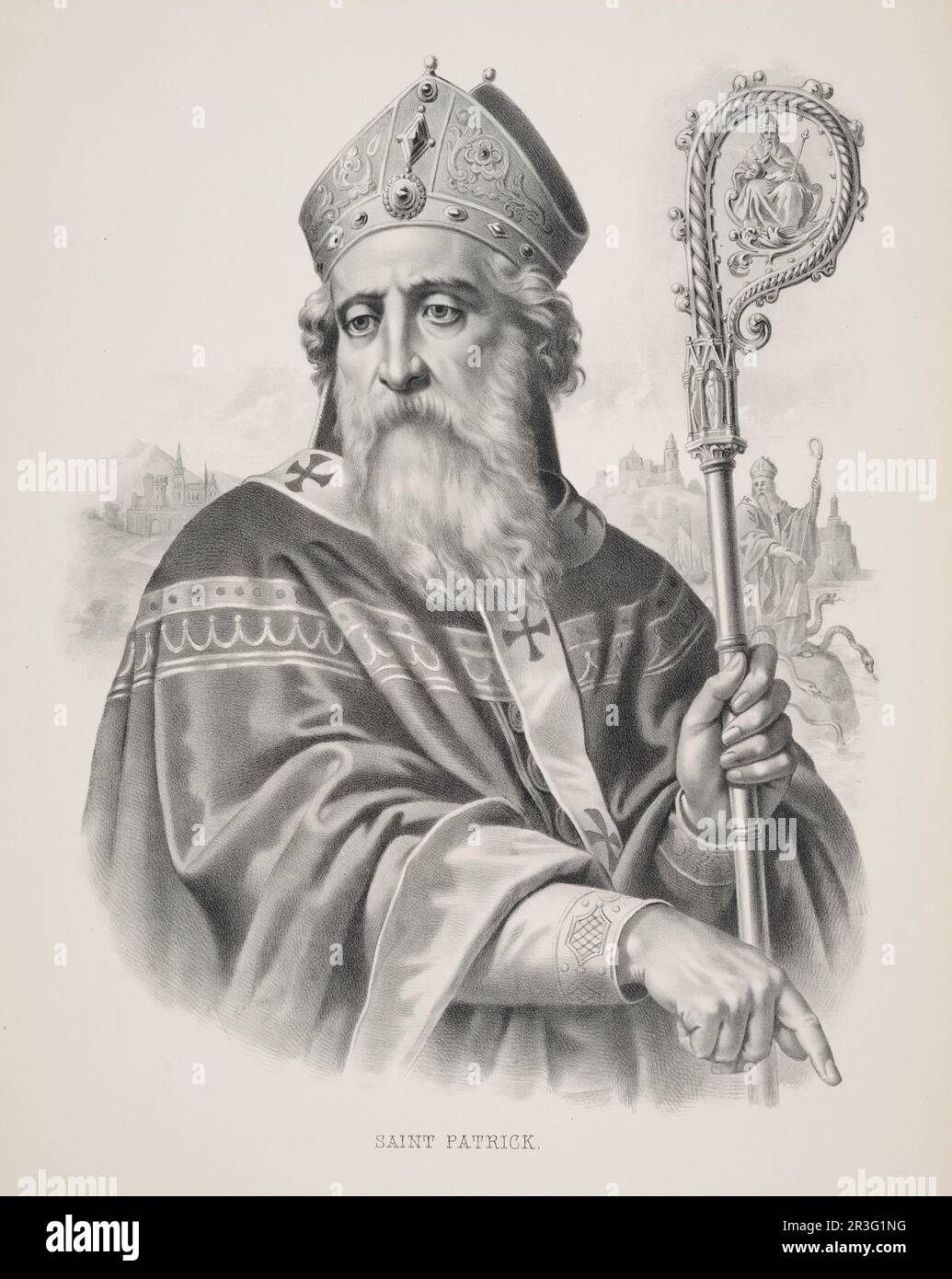 A bust-length portrait of Saint Patrick dressed in bishop's robes ...