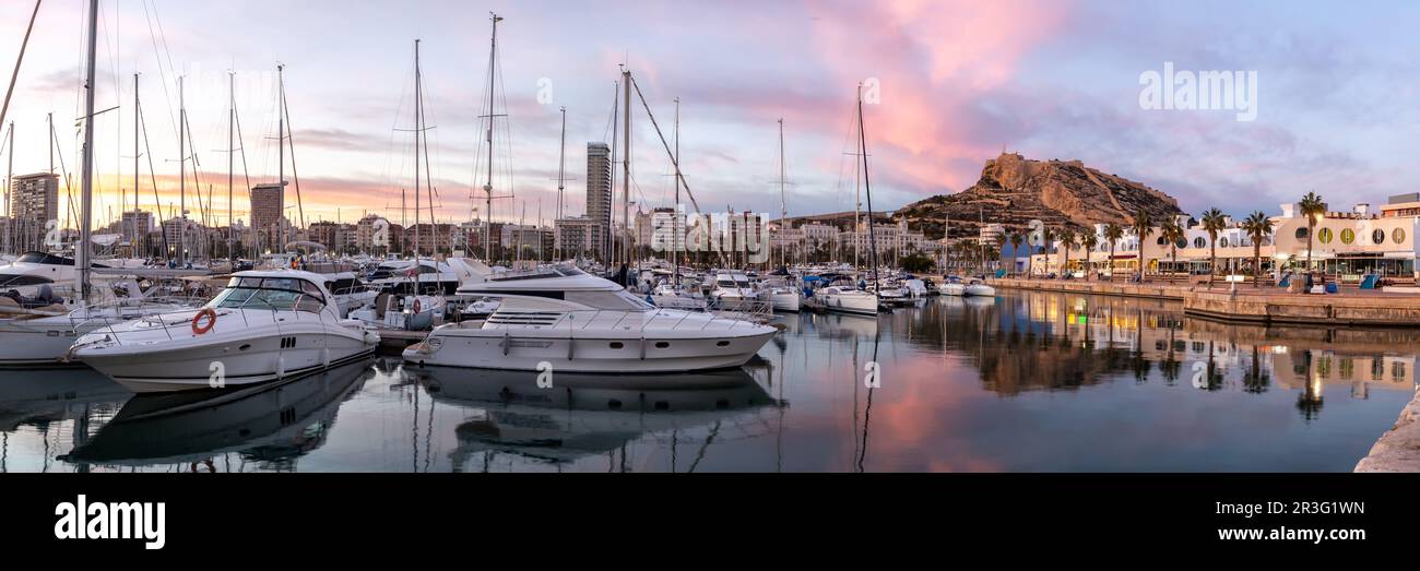 Alicante port in the evening Port d'Alacant marina with boats and view ...