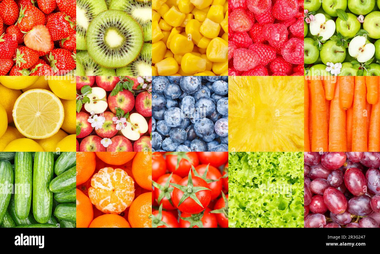 Fruits fruit and vegetables collage collection background with berries ...