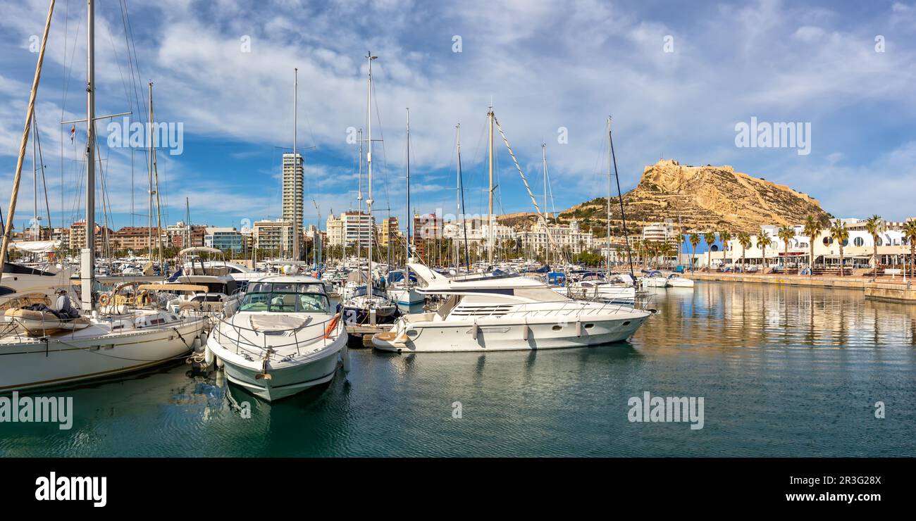 Alicante Port d'Alacant Marina with boats and view of Castillo Castle ...
