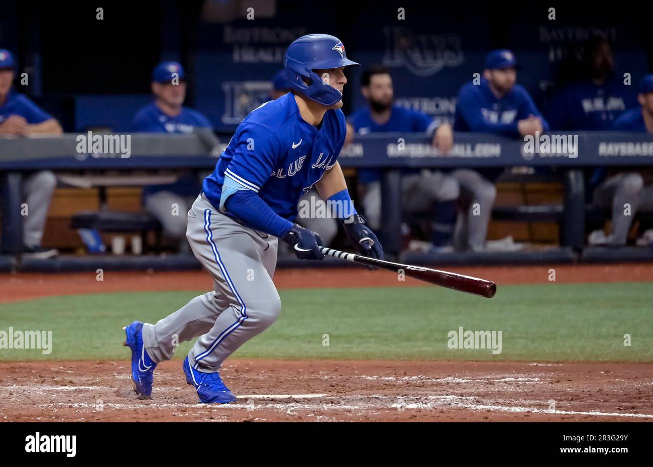 Toronto Blue Jays' Daulton Varsho watches his two-run single off Tampa ...