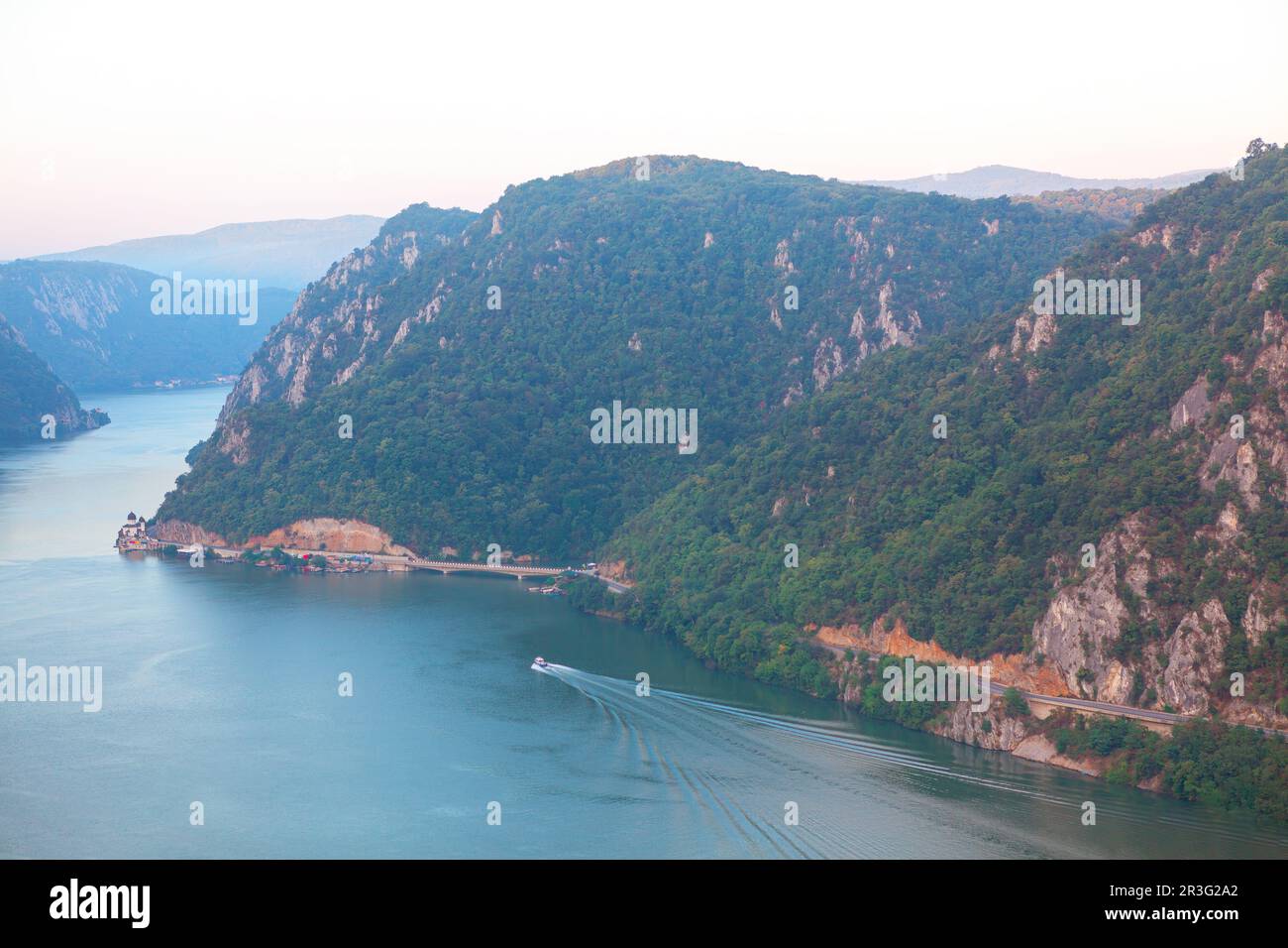 Border between Serbia and Romania at Danube River . Mountains at ...