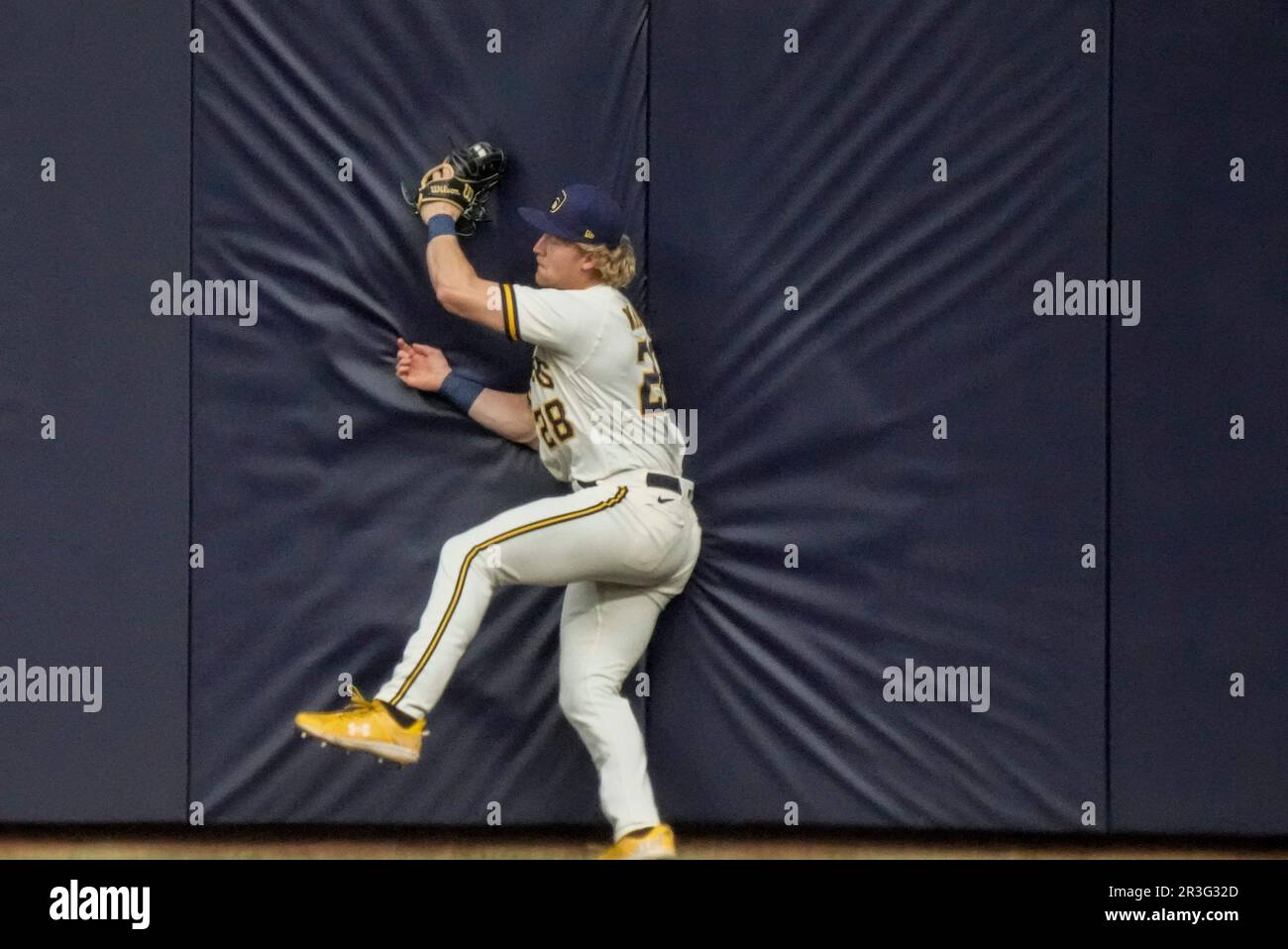 Milwaukee Brewers' Joey Wiemer catches a ball hit by Houston Astros ...