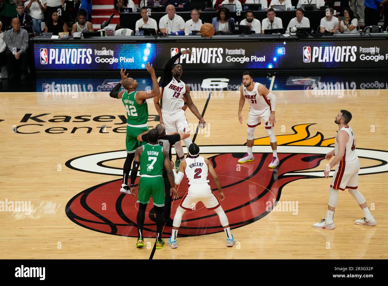Miami Heat center Bam Adebayo (13) wins the tip off against Boston ...