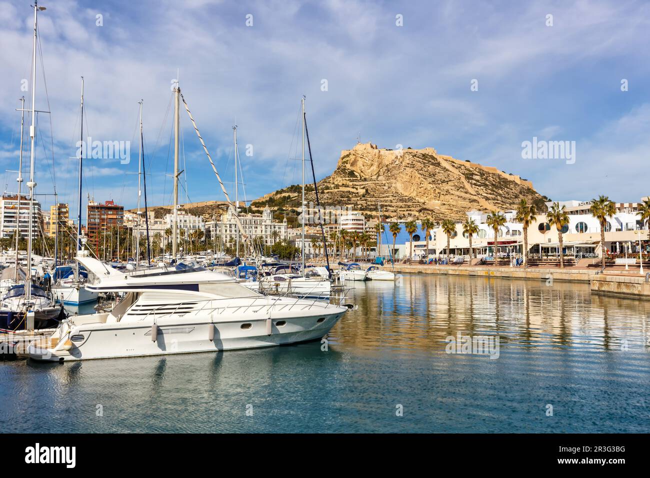 Alicante Port d'Alacant Marina with boats and view of Castillo Castle ...