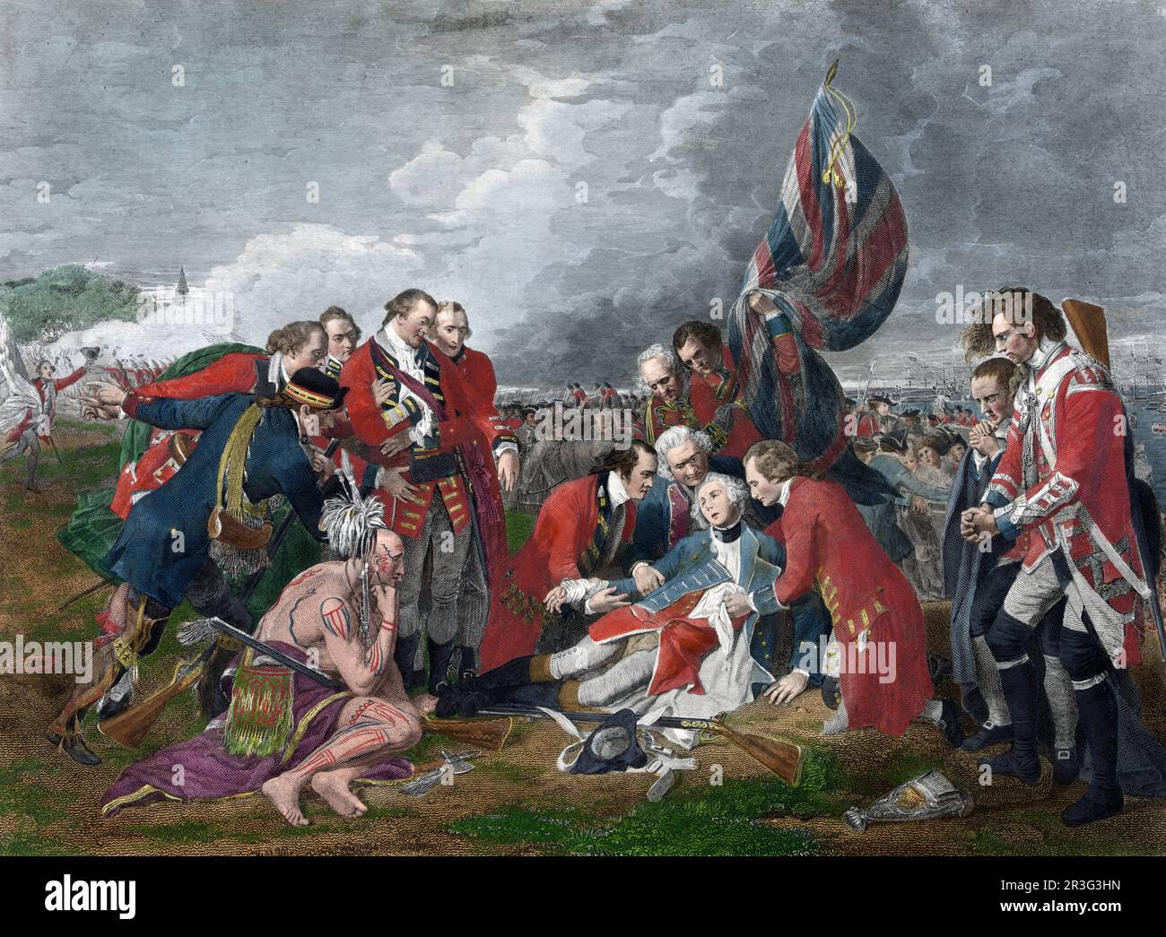 A wounded General James Wolfe, surrounded by soldiers and a Native ...