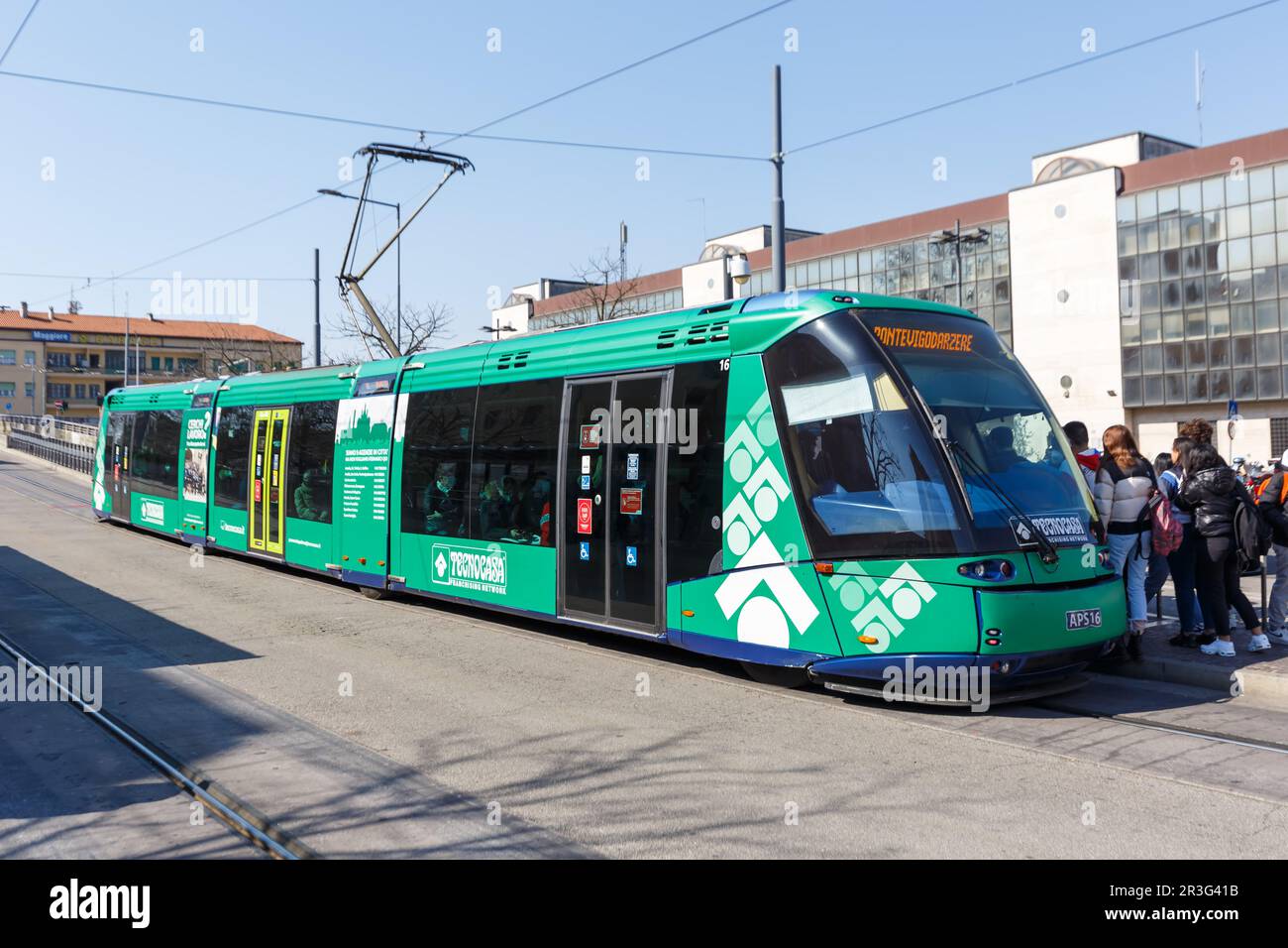 Streetcar on rubber wheels Tram Tranvia di Padova of the type Translohr ...