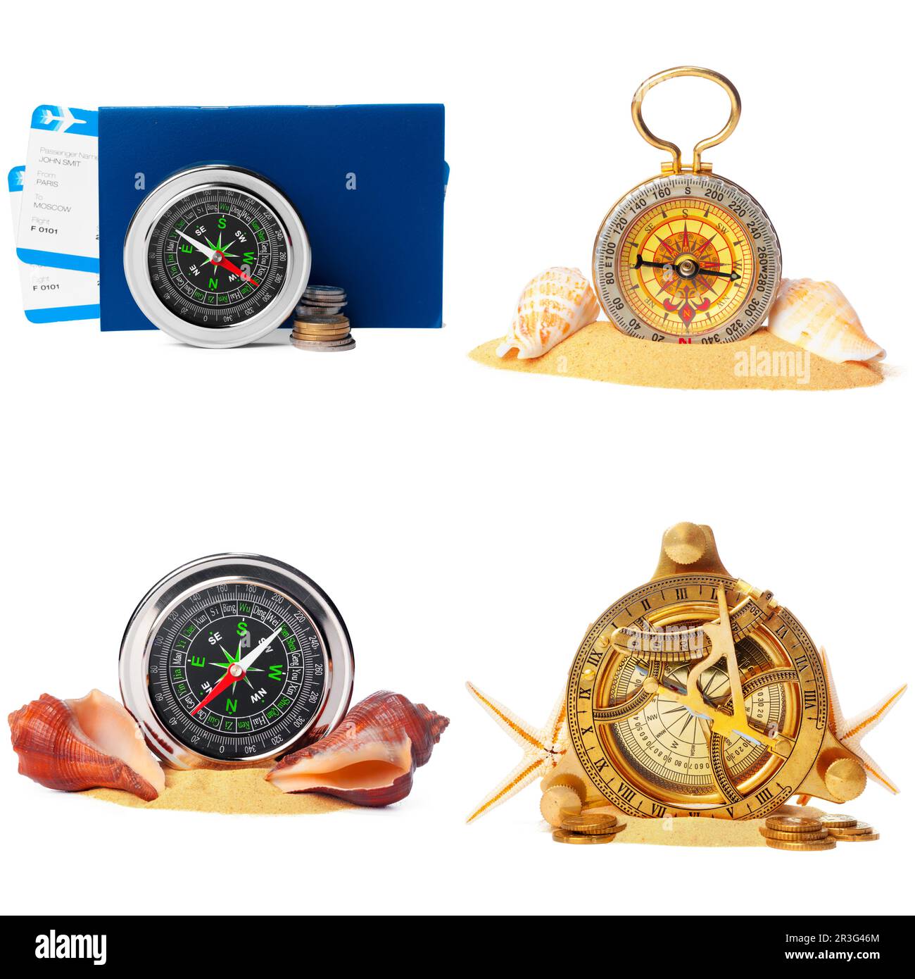 Vintage compass isolated on white background collage Stock Photo - Alamy