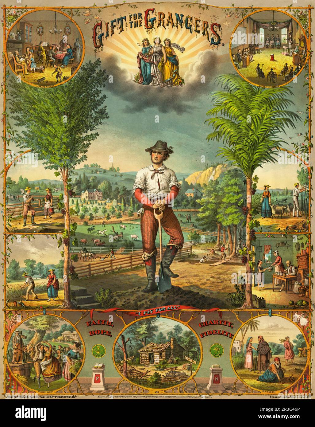 Promotional print for Grange members showing scenes of farming and farm ...