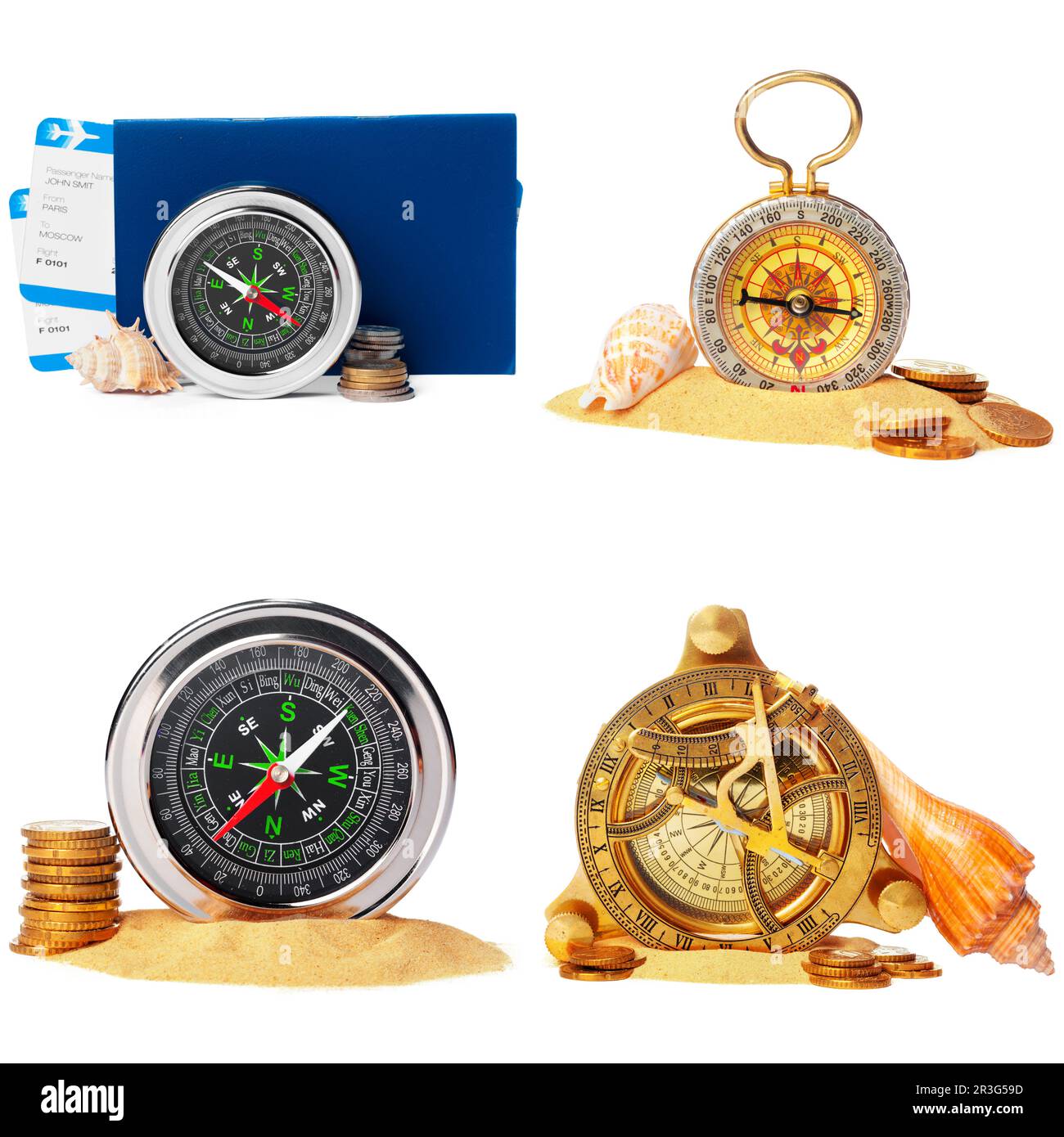 Vintage compass isolated on white background collage Stock Photo - Alamy