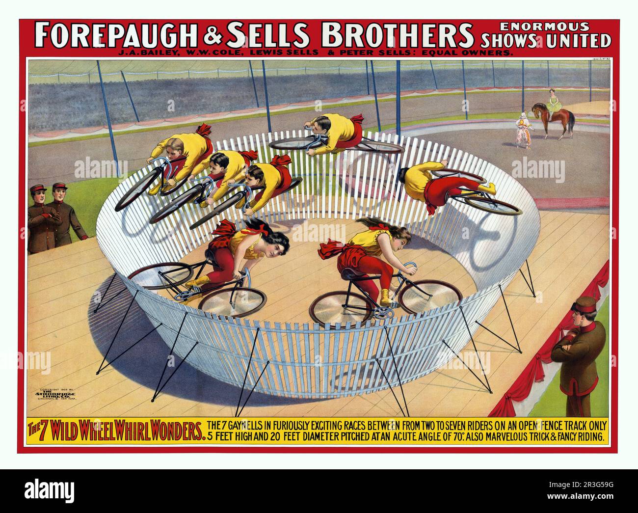 Circus poster showing The Seven Gaynells riding bicycles on an open ...