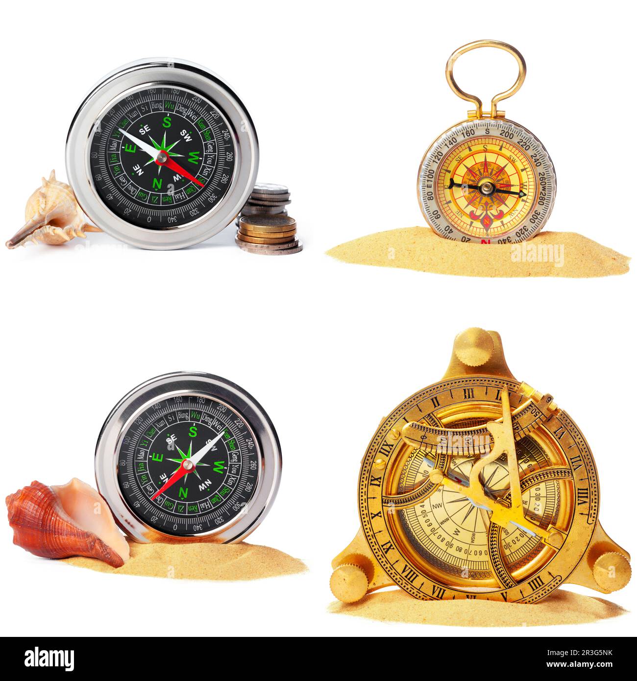 Vintage compass isolated on white background collage Stock Photo - Alamy