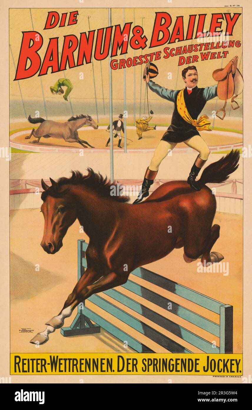 Vintage Barnum & Bailey German circus poster showing a man standing on ...
