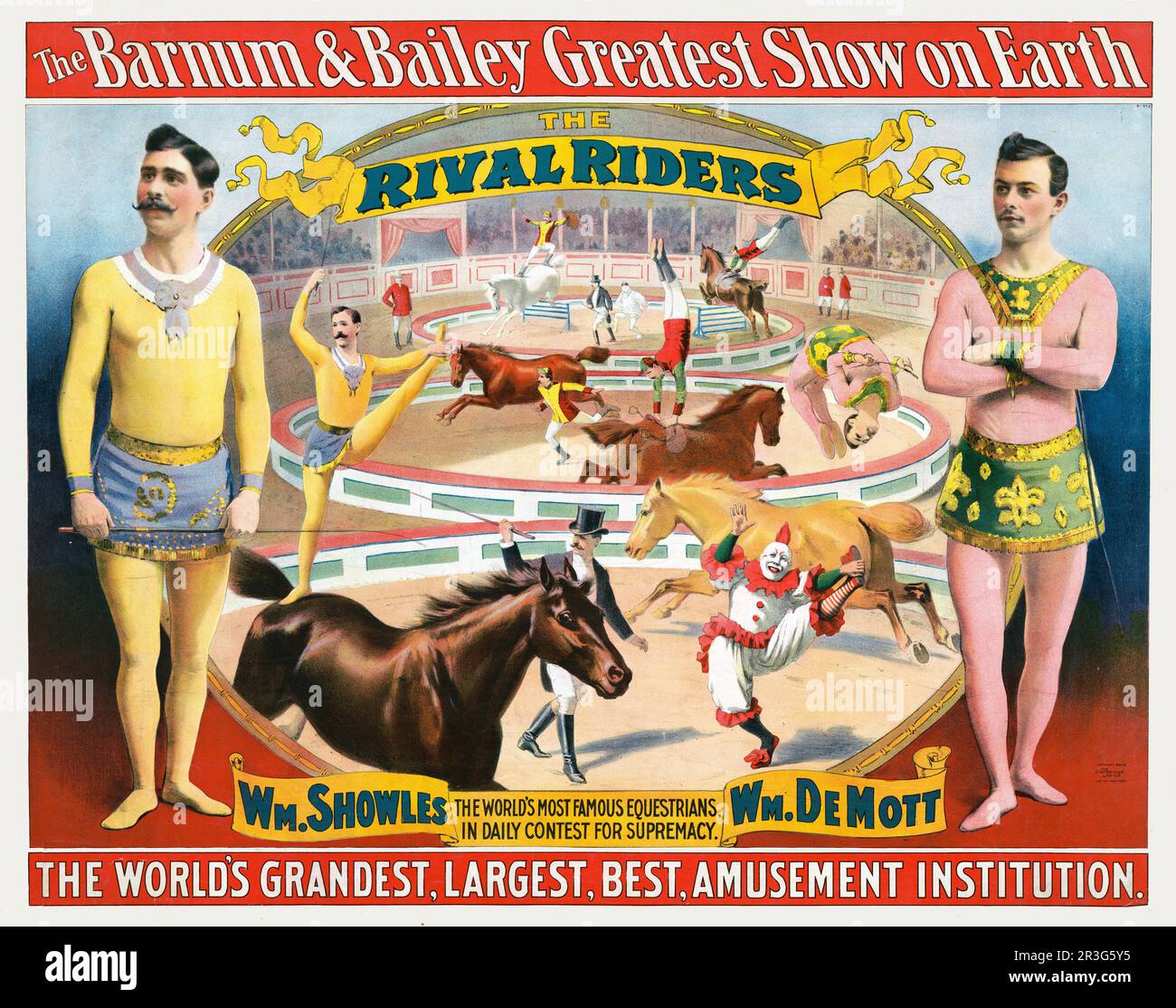 Vintage Barnum & Bailey circus poster showing male equestrians, horses ...