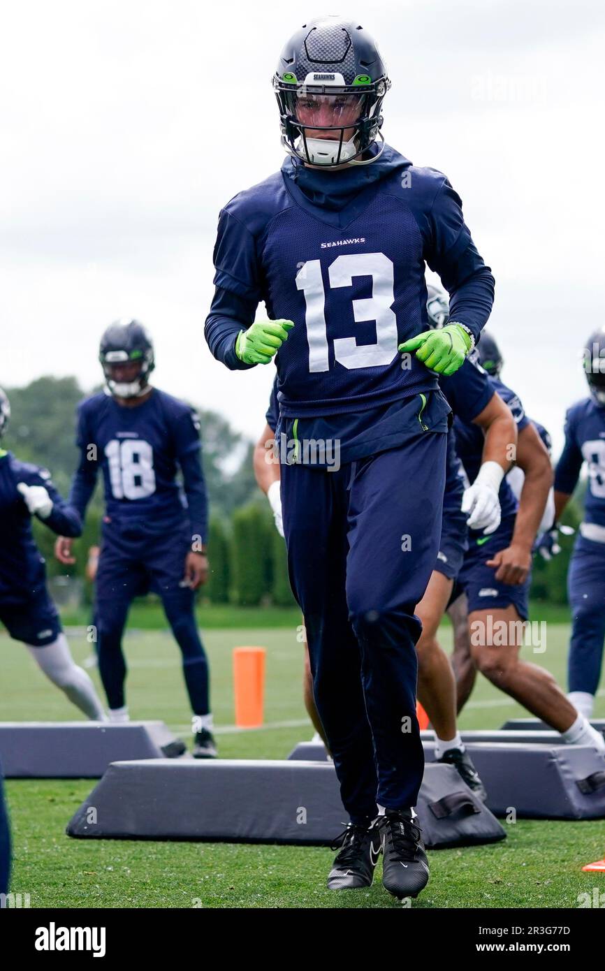 Seattle Seahawks wide receiver Cody Thompson (13) runs drills Monday ...