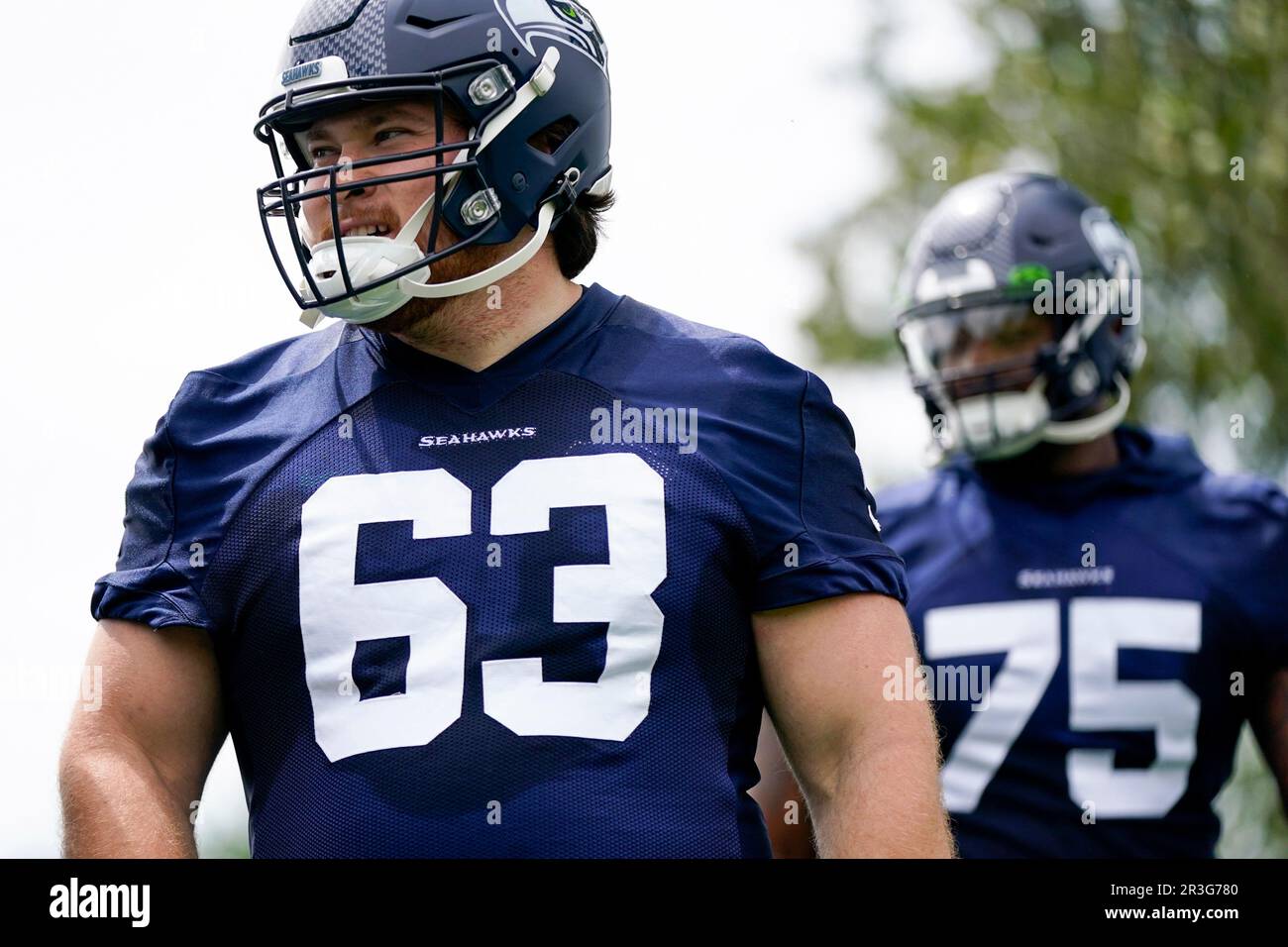 Seattle Seahawks center Evan Brown (63) looks on in between drills ...