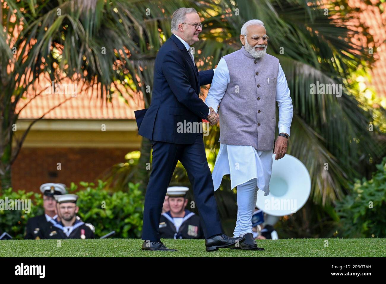 India's Prime Minister Narendra Modi, right, and Australian Prime Minister Anthony Albanese walk ...
