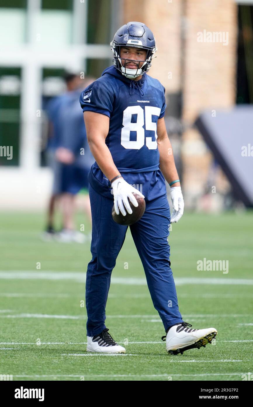 Seattle Seahawks tight end Tyler Mabry (85) holds a football on the ...