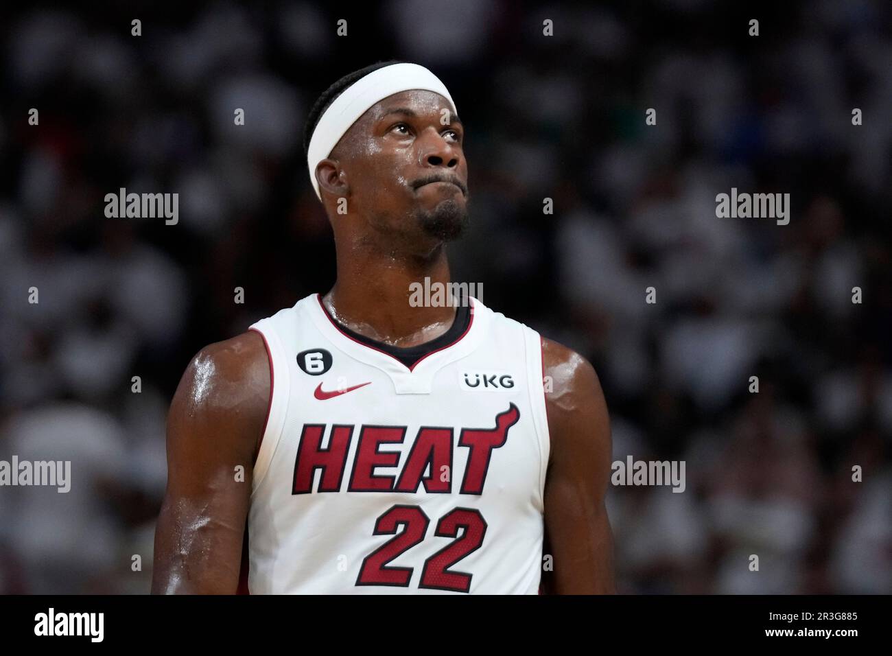 Miami Heat forward Jimmy Butler (22) looks up during the first half of ...