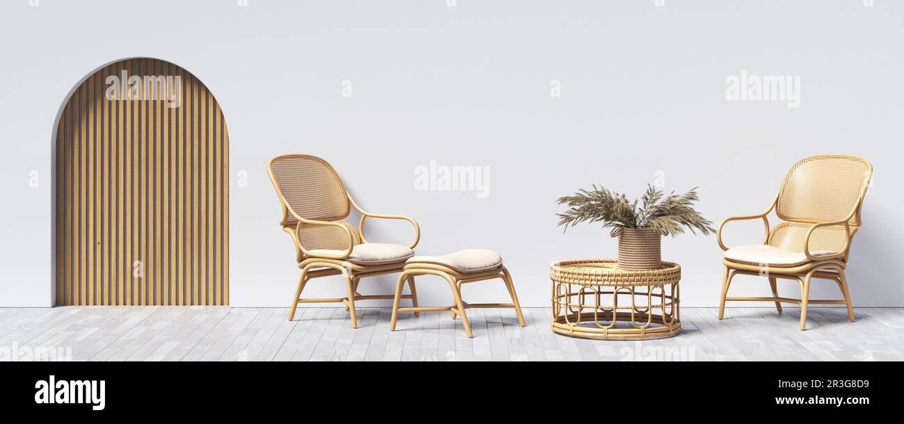 Mock up poster with rattan furniture Stock Photo - Alamy