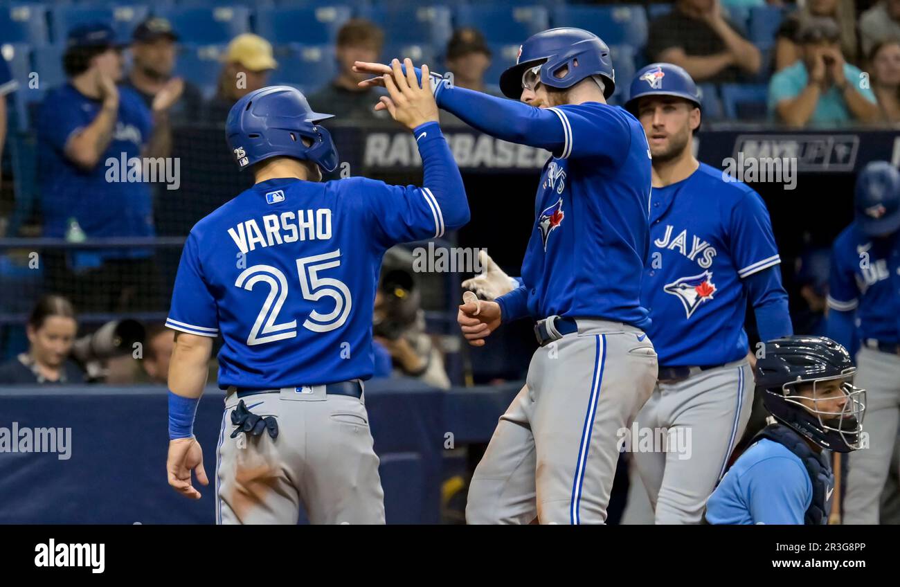 Toronto Blue Jays' Daulton Varsho (25) and Kevin Kiermaier, right ...