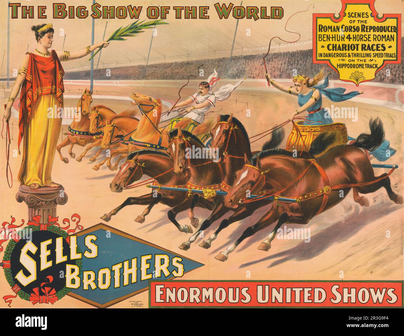 Vintage Sells Brothers circus poster showing a Roman chariot race ...