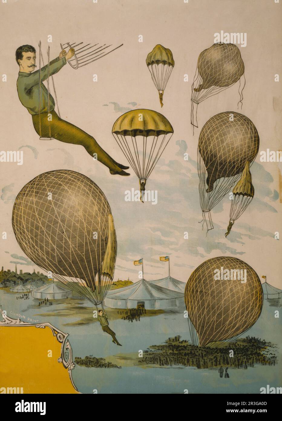Vintage circus poster of an aerial balloon performance with tents and ...