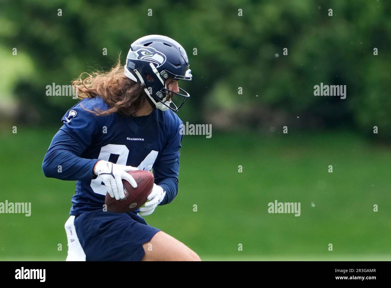 Seattle Seahawks tight end Colby Parkinson (84) runs a drill Monday ...