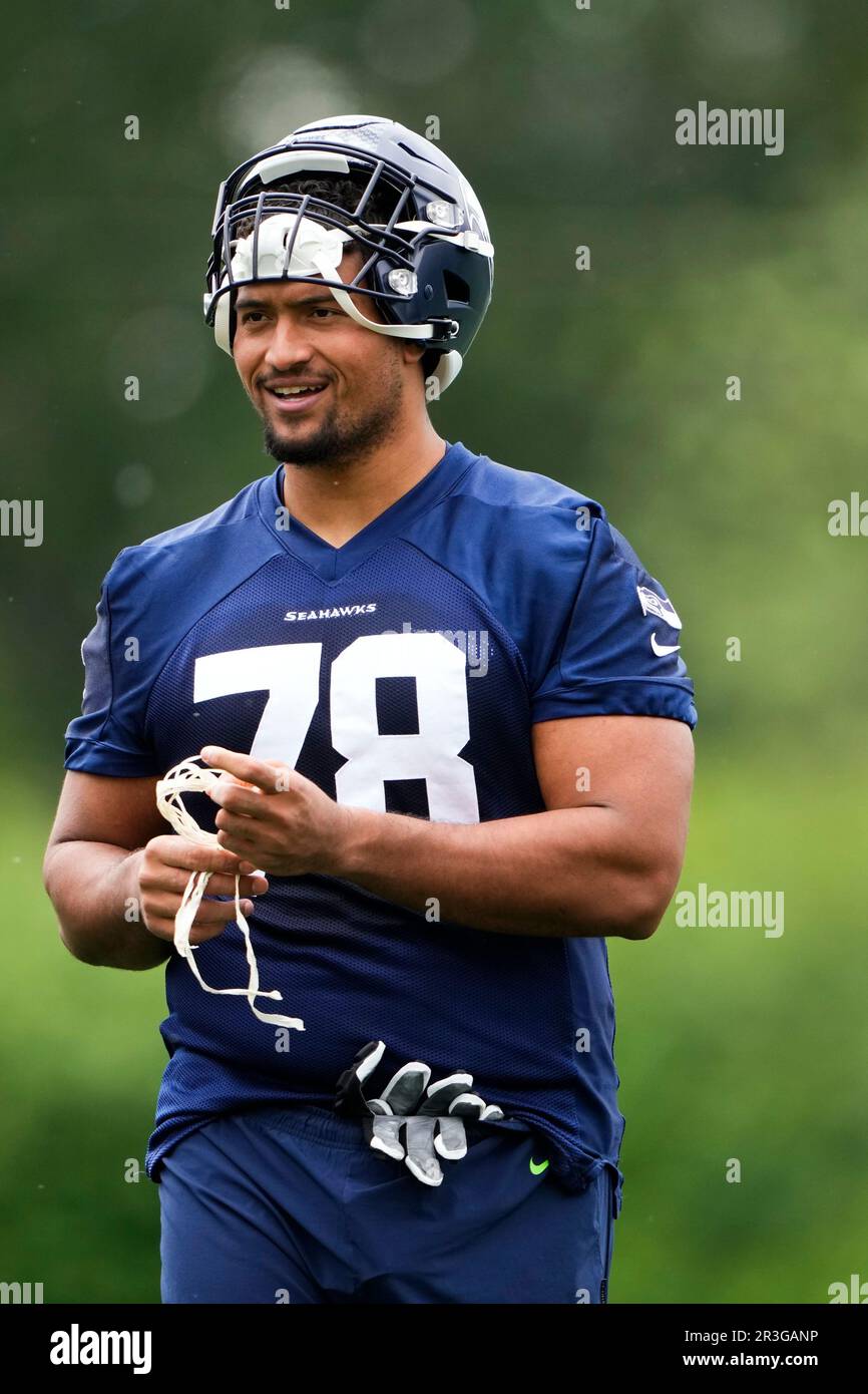 Seattle Seahawks tackle Stone Forsythe (78) smiles on the field after ...