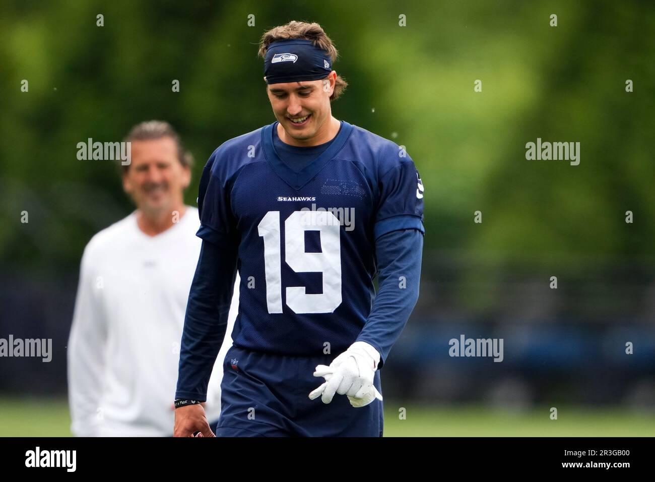 Seattle Seahawks wide receiver Jake Bobo (19) smiles while walking off ...