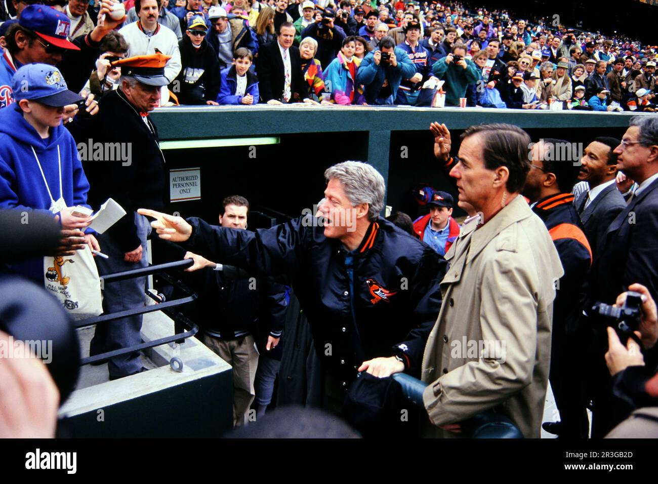 President William Clinton at the first baseball game of the season in ...