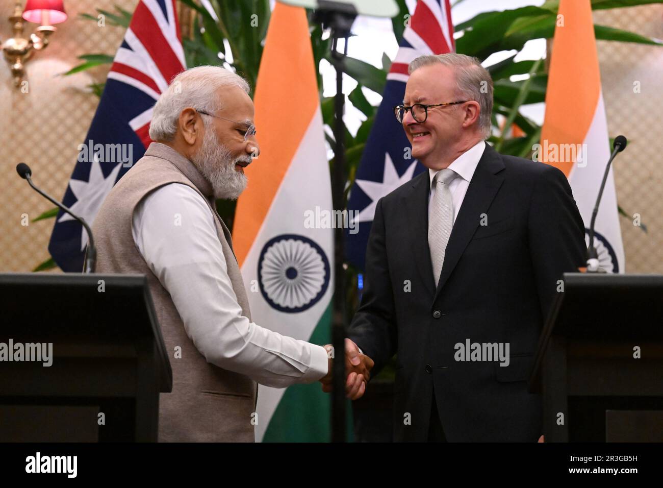India’s Prime Minister Narendra Modi and Australian Prime Minister Anthony Albanese during a ...