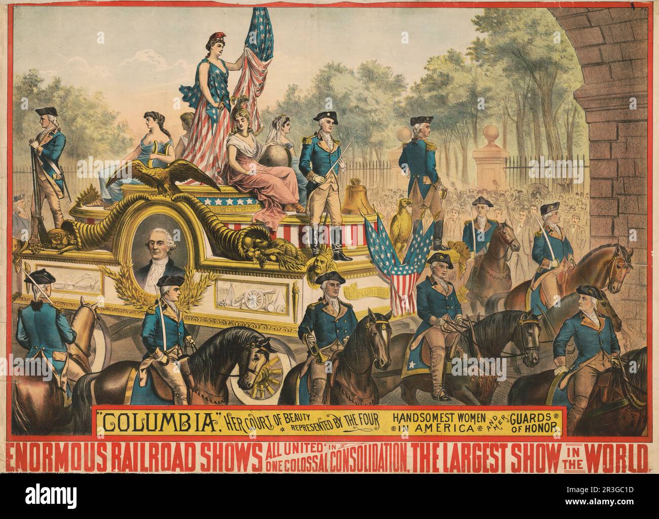 Vintage circus poster showing parade float with Columbia and four women ...
