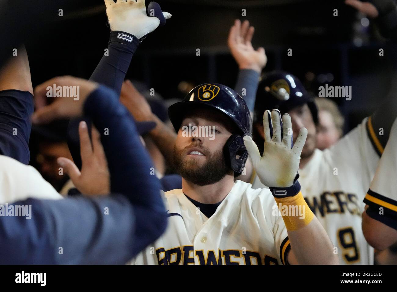 Milwaukee Brewers' Owen Miller is congratulated after hitting a two-run ...