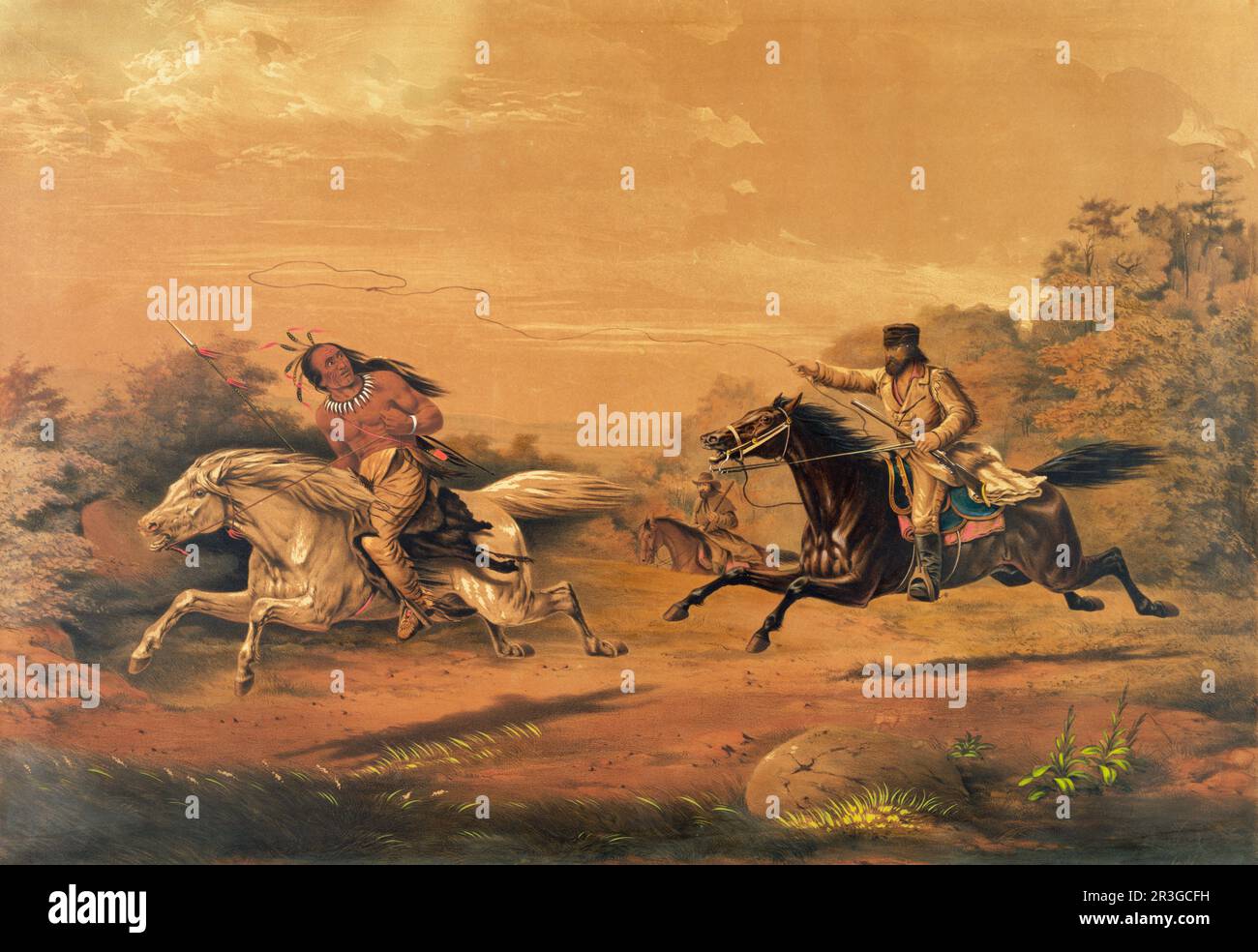 Cossack on black horse chasing an Indian on white horse Stock Photo - Alamy