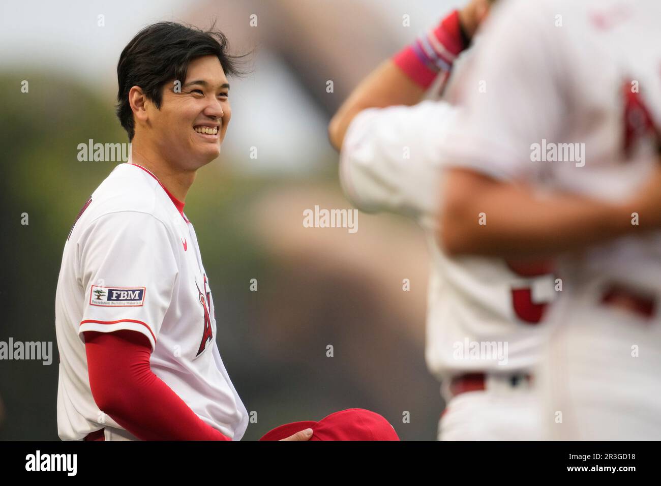 Los Angeles Angels designated hitter Shohei Ohtani (17) smiels before a ...