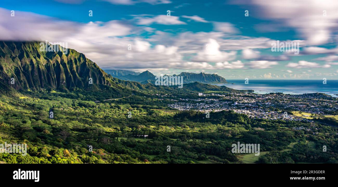 Panoramic aerial image from the Pali Lookout on the island of Oahu in ...