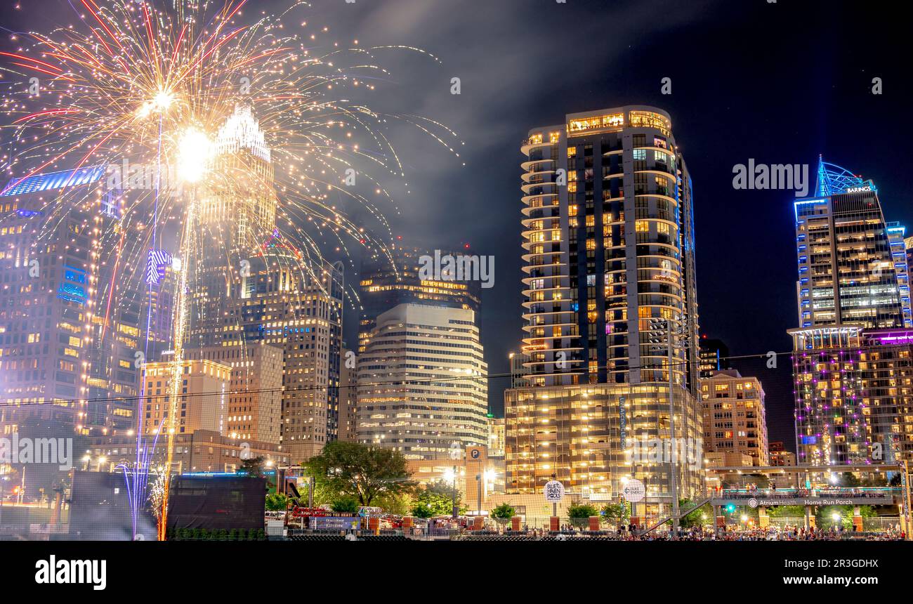Fireworks show over charlotte skyline post baseball game Stock Photo ...