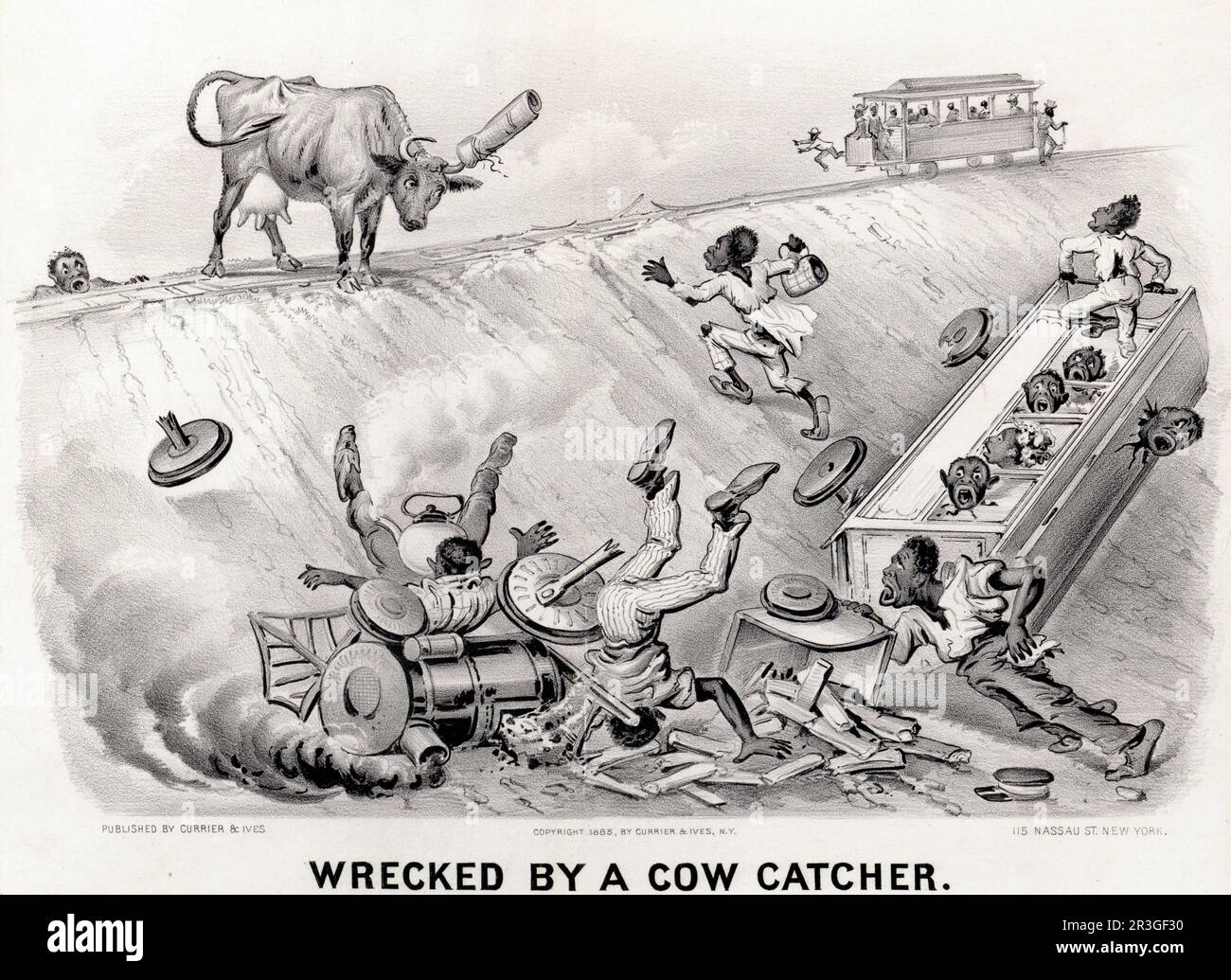 Wrecked by a cow catcher, lithograph, circa 1885 Stock Photo - Alamy